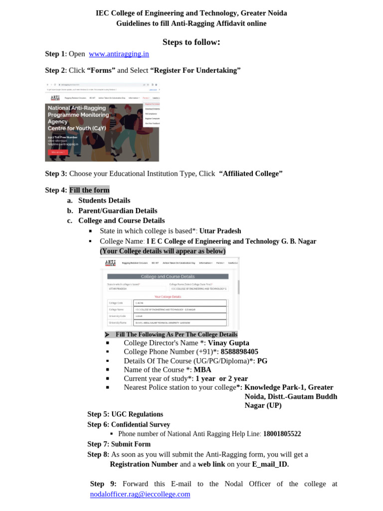 Directios of Anti-Ragging Affidavit (MBA) | PDF