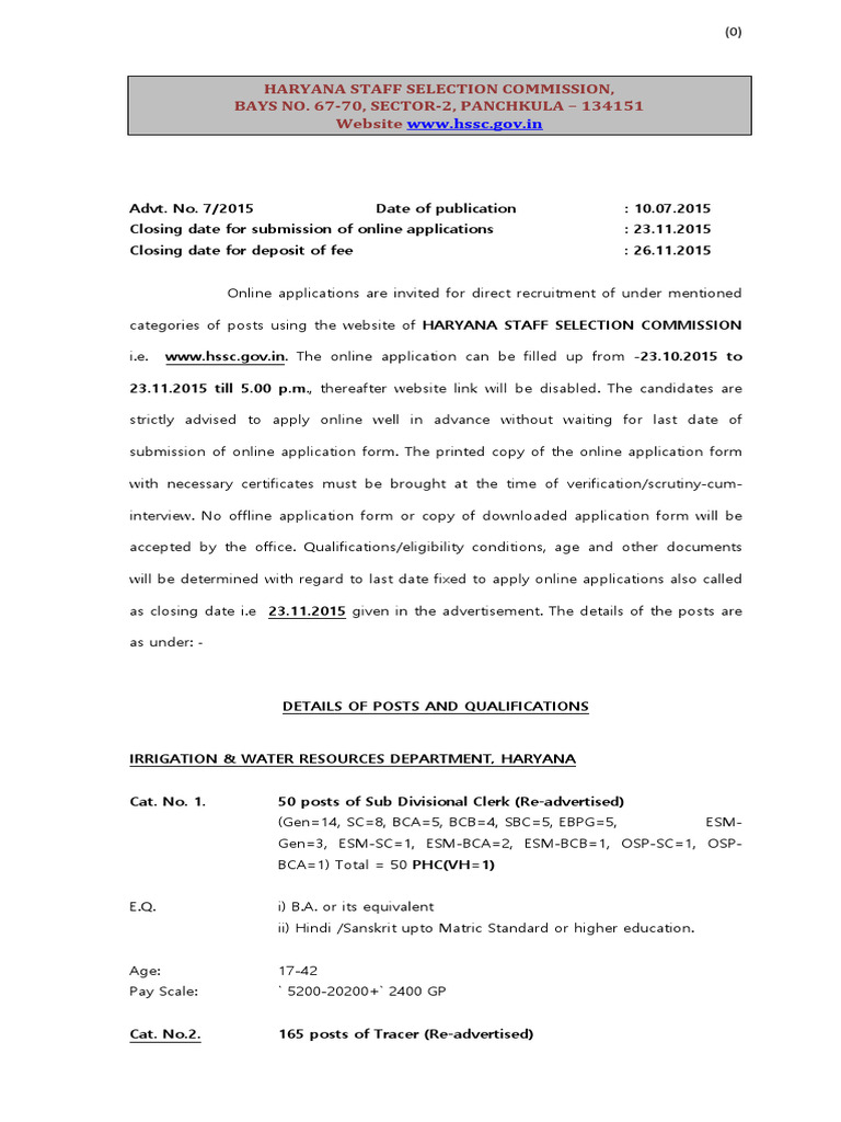 HSSC Advt 7 2015 Notification | PDF