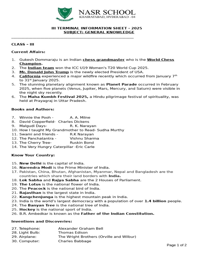 Class - III - GK Information Sheet - III Term - 2025 | PDF