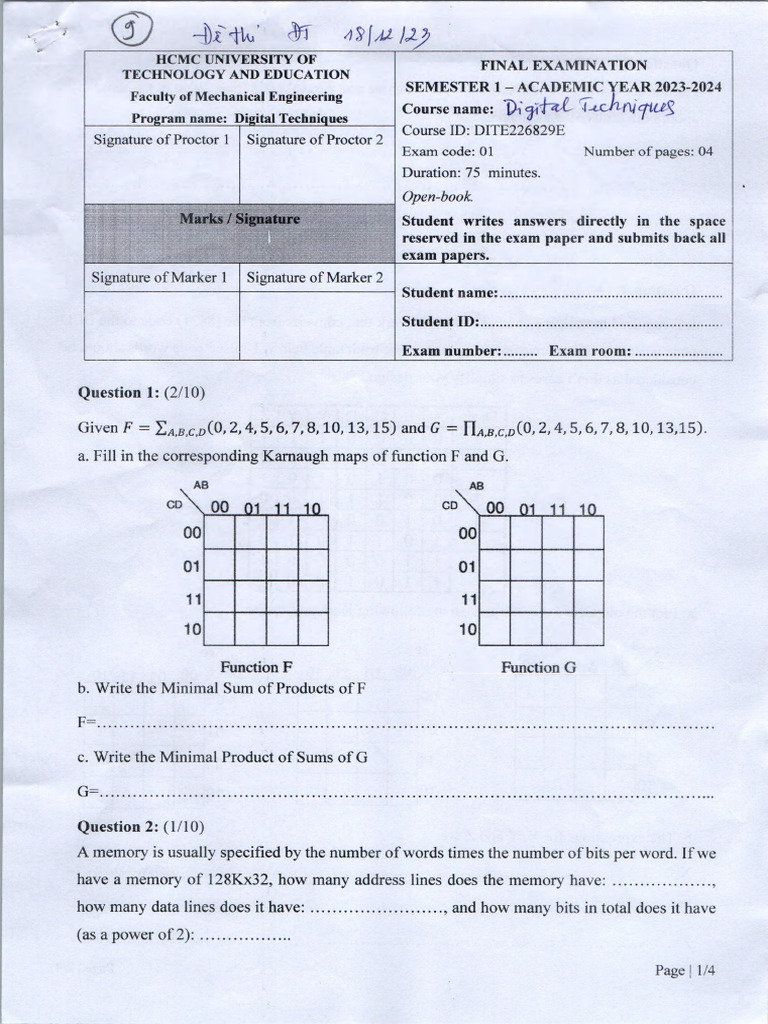 Dap An Mon Digital Techniques Thi Ngay 18-12-2023 | PDF | Mathematical Logic | Digital Electronics