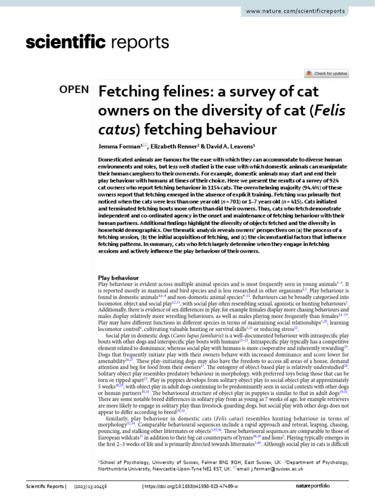 Fetching Felines A Survey of Cat Owners On The Diversity of Cat (Felis ...