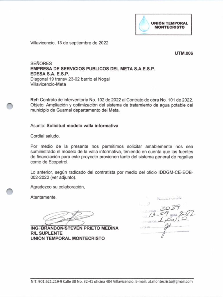 Oficio Utm.006 Recibido Solicitud Valla Informativa | PDF