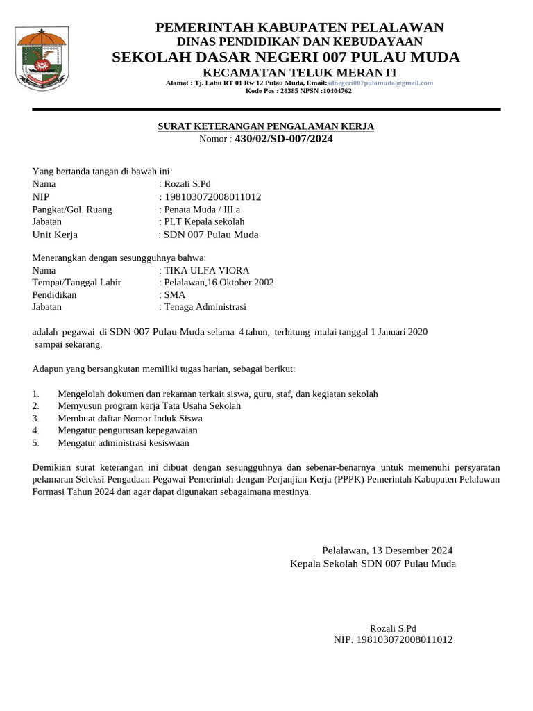 Format Surat Keterangan Pengalaman Kerja PPPK 2025 Tika Ulfa Viora | PDF