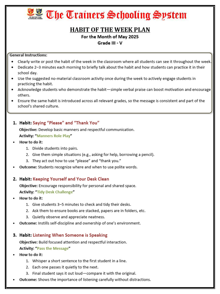 Habit of The Week Grade III To V | PDF | Classroom | Disciplines