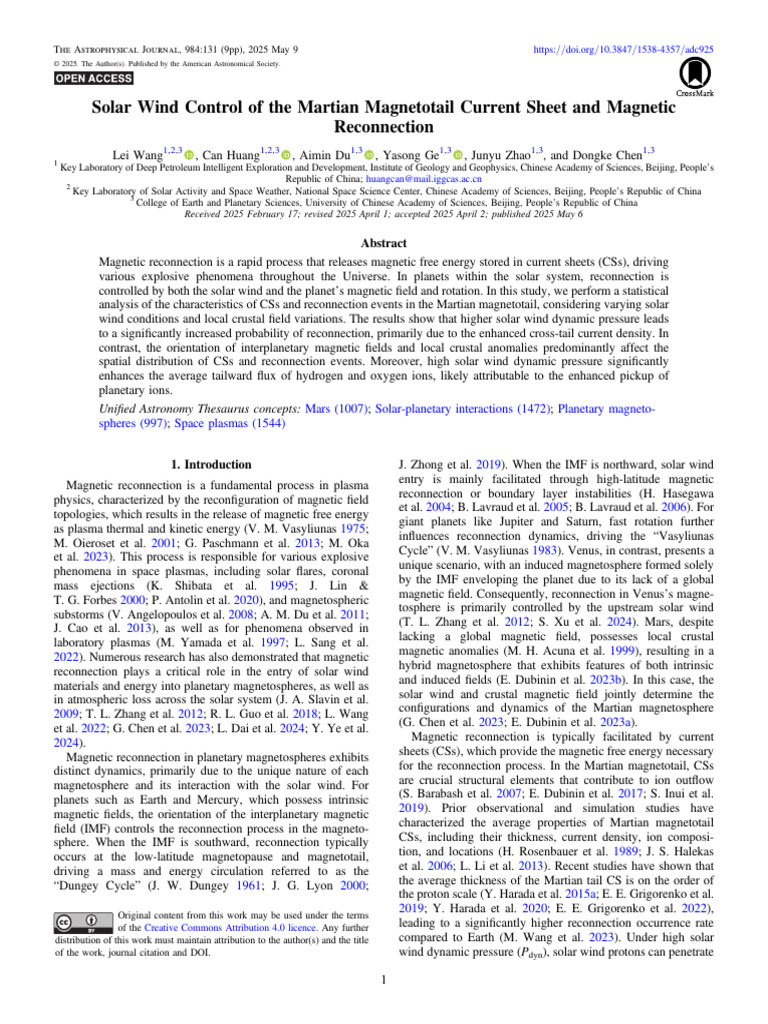 Reconnection in Mars Magnetotail | PDF | Magnetosphere | Solar Wind