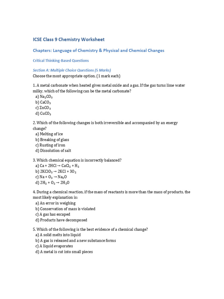 Class 9 Chemistry: Changes & Questions | PDF | Chemical Reactions ...