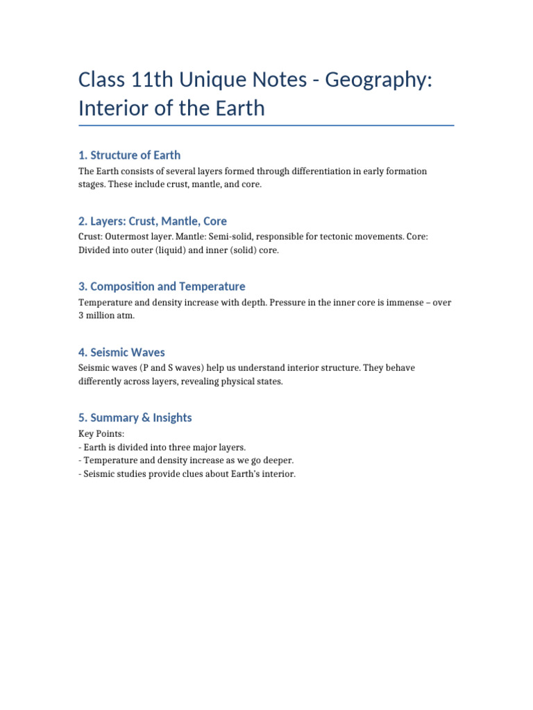 Class 11 Geography Interior of Earth Unique Notes | PDF