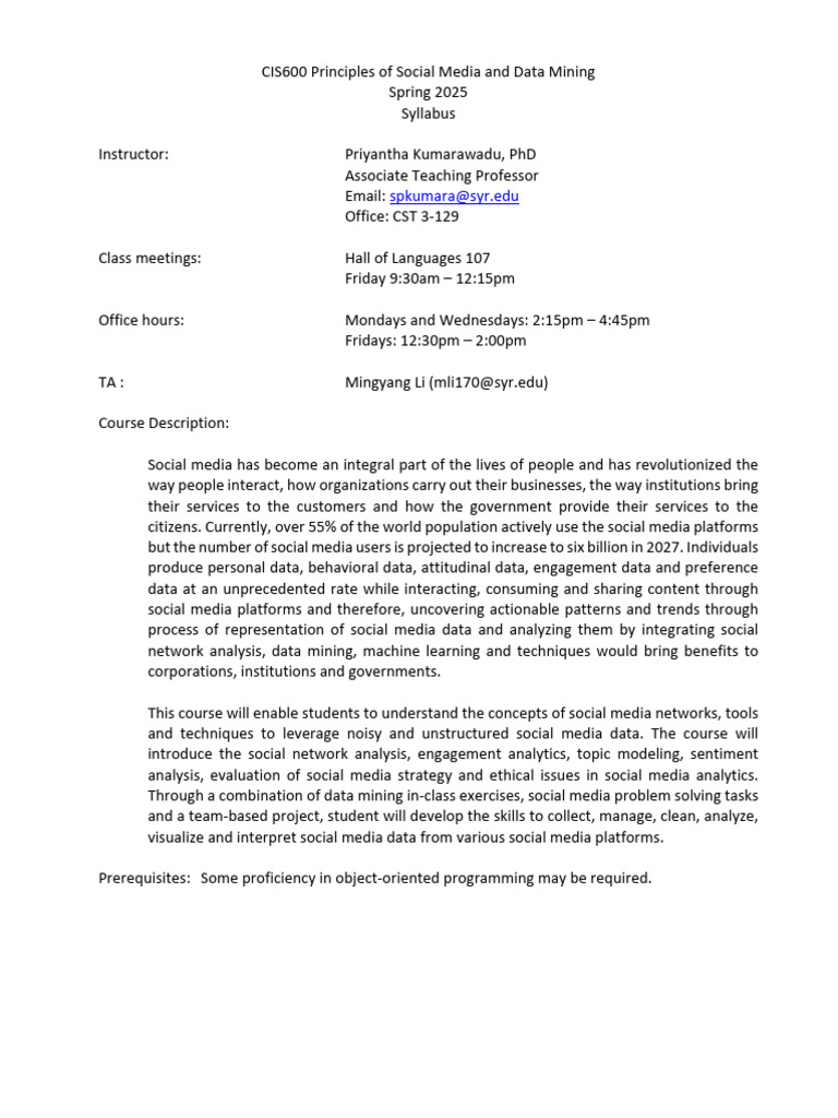 CIS600 Prin SMDM Spring 2025 | PDF | Data | Social Media