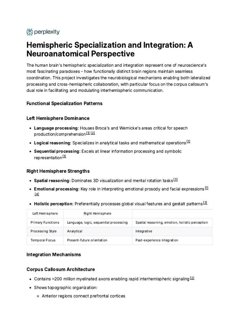 Hemispheric Specialization and Integration - A Neur | PDF ...