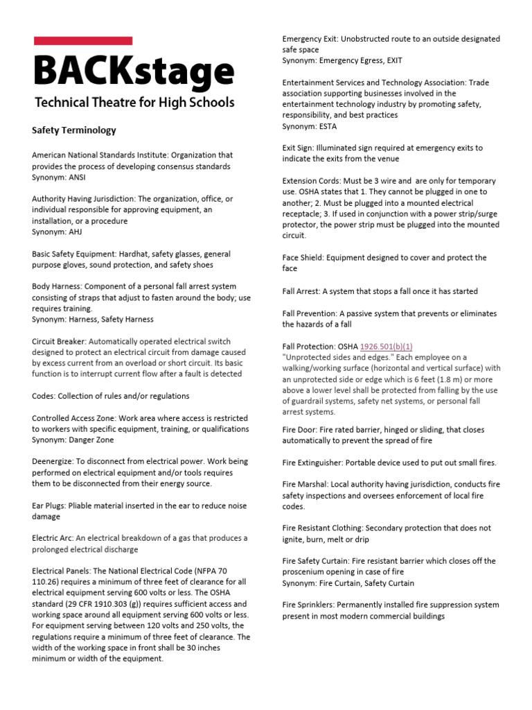 BACKstage Safety Terminology | PDF | Occupational Safety And Health Administration | Safety