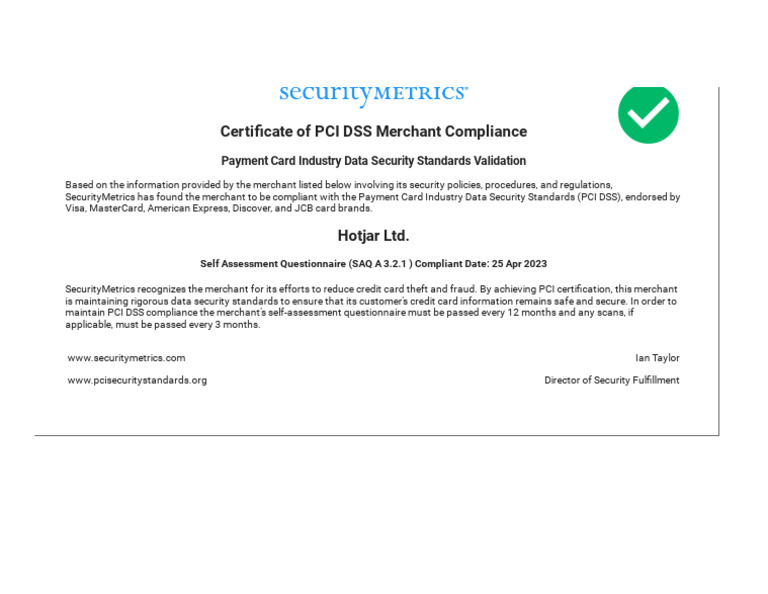 Hotjar Pci Dss Saq Certificate 2023 | PDF