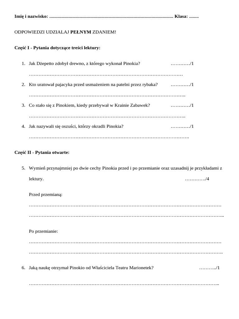 Pinokio Test Z Lektury | PDF