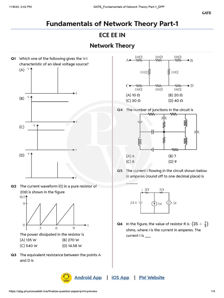 Fundamentals of Network Theory (Part 01) - DPP | PDF | Resistor | Electricity