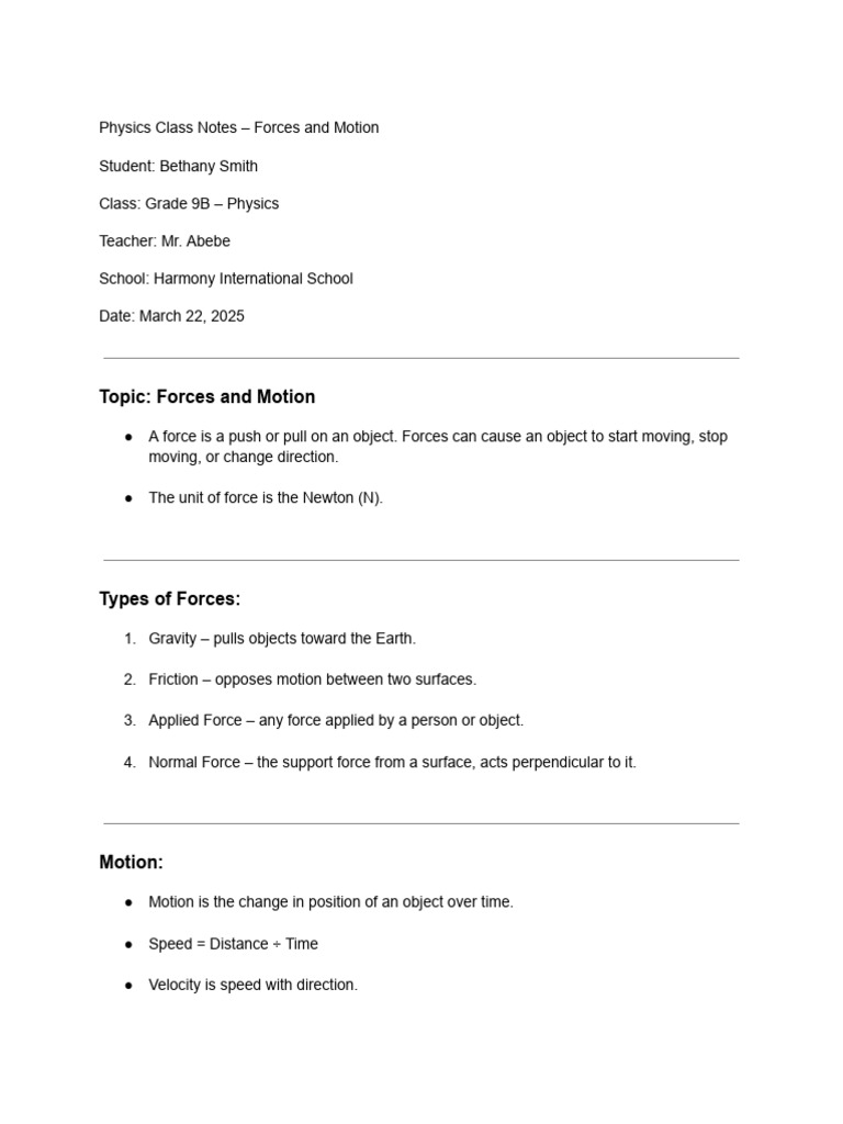 Grade 9 Physics: Forces and Motion Notes | PDF