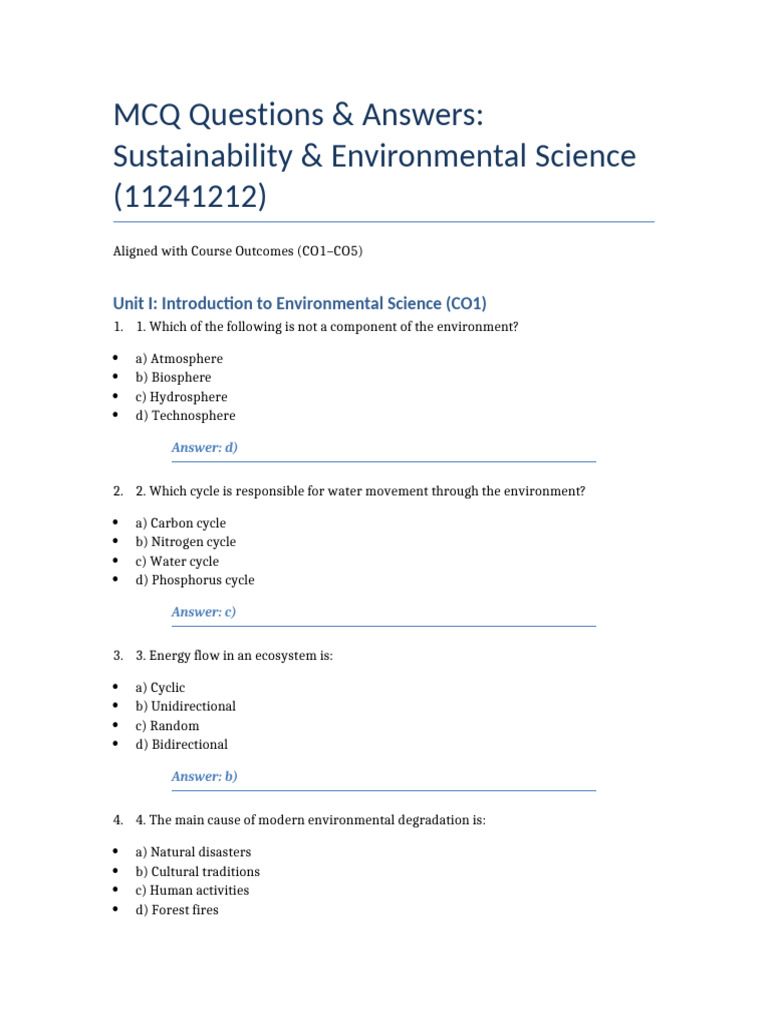 MCQs on Sustainability & Environment | PDF | Ecosystem | Energy Development
