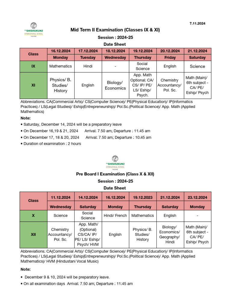 Mid-Term-II_Pre-Board-I-Exam-Date-Sheet | PDF | Science