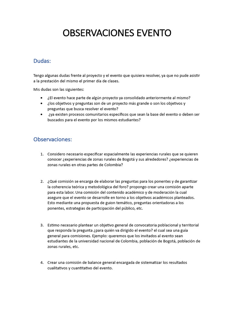 Recomendaciones Evento. Jimenez Brayan | PDF