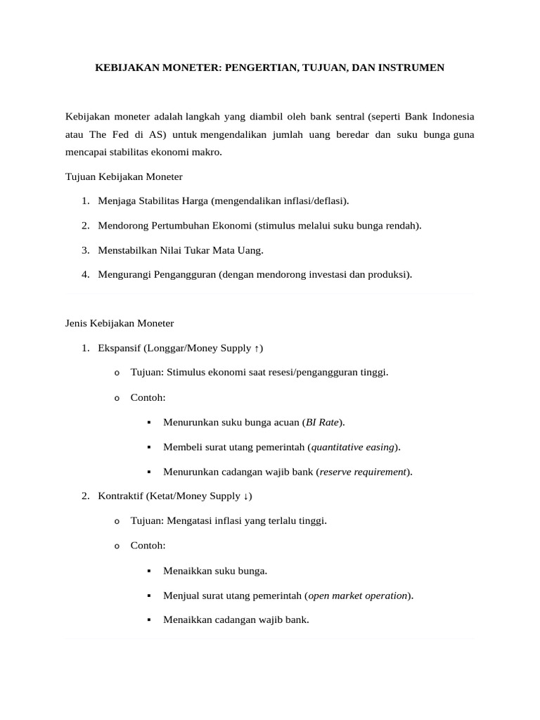 Kebijakan Moneter Pengertian, Tujuan, Dan Instrumen | PDF