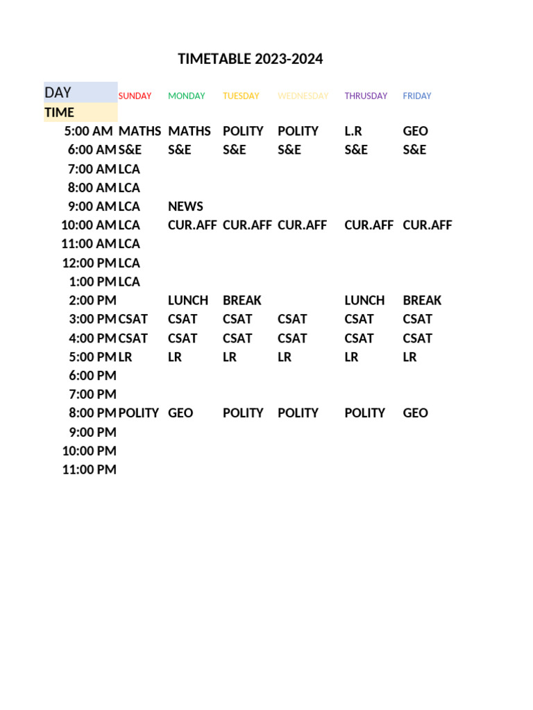 Timetable 2023-24 Cse | PDF