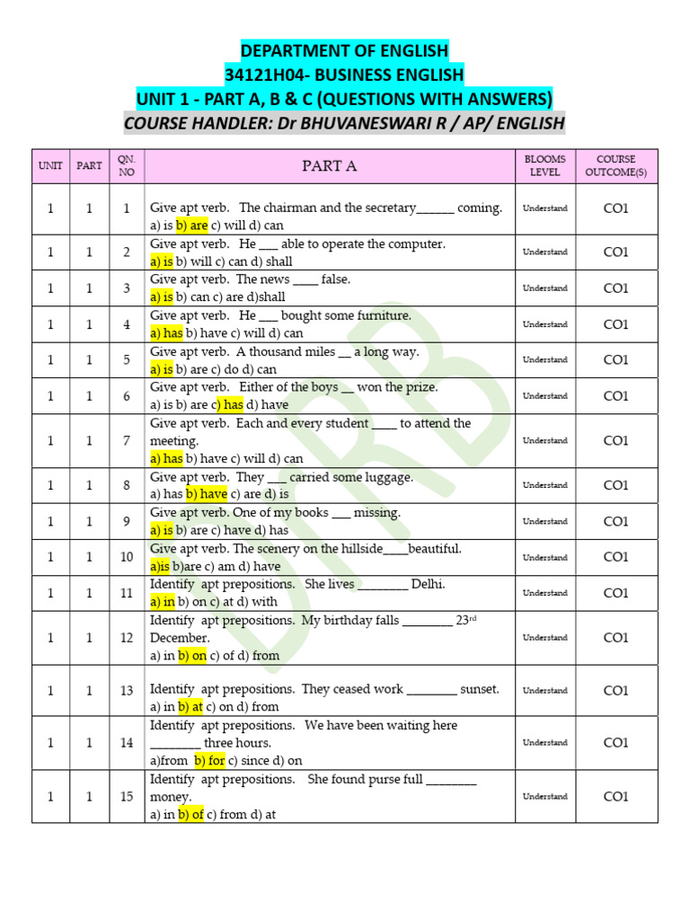 Unit 1 - QB - Ans - Business English | PDF | Cloning | Embryo