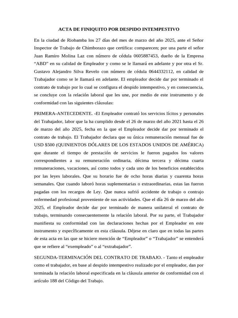 Acta de Finiquito Por Despido Intempestivo | PDF | Salario | Daños y ...