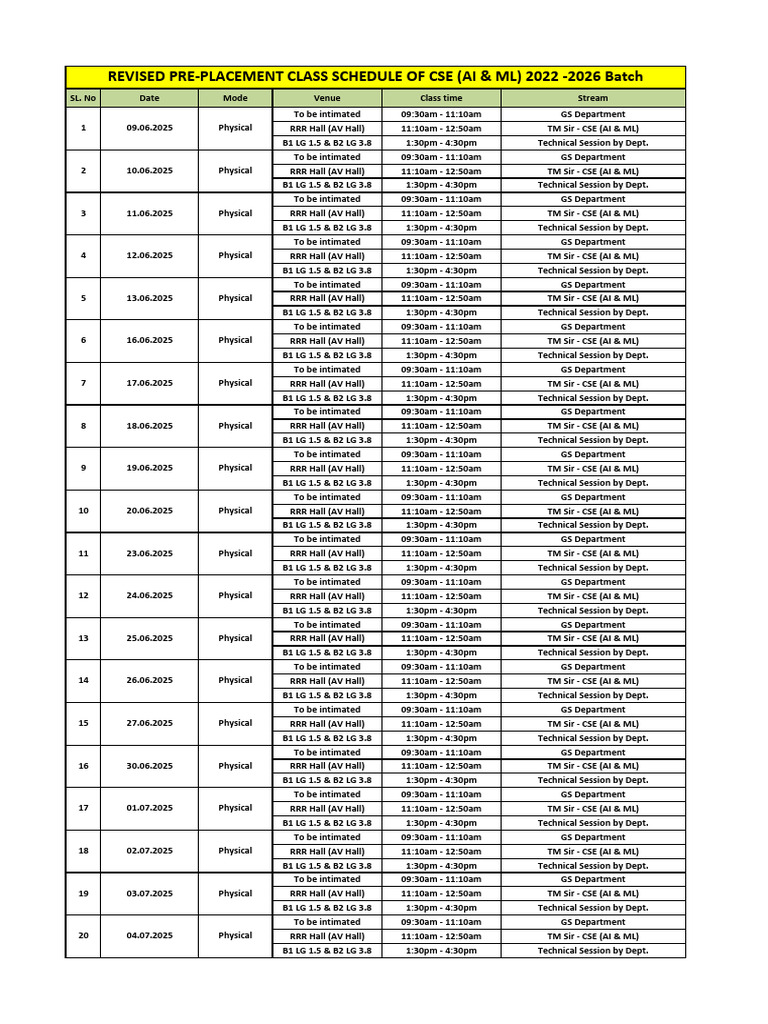 CSE AI & ML Pre-Placement Schedule 2025 | PDF