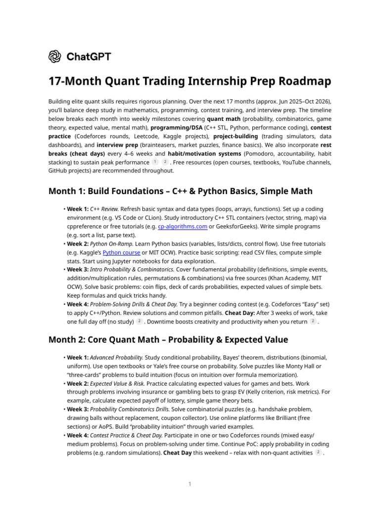 17-Month Quant Trading Internship Prep Roadmap | PDF | Mathematics | Combinatorics