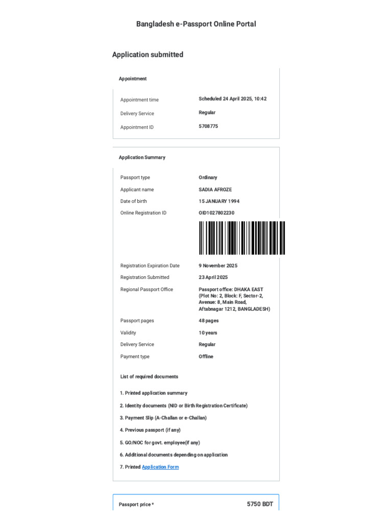 Bangladesh e Passport Online Portal: Appointment Time Delivery Service Appointment ID | PDF