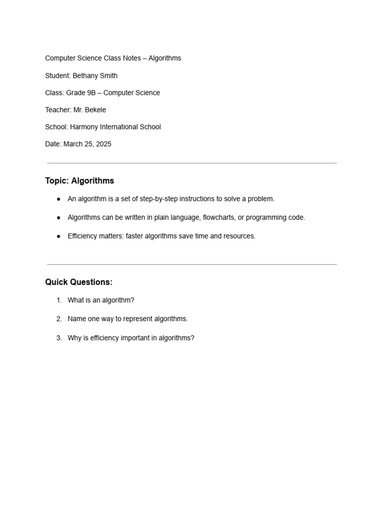 ICT Class Notes Grade 9 Algorithms | PDF