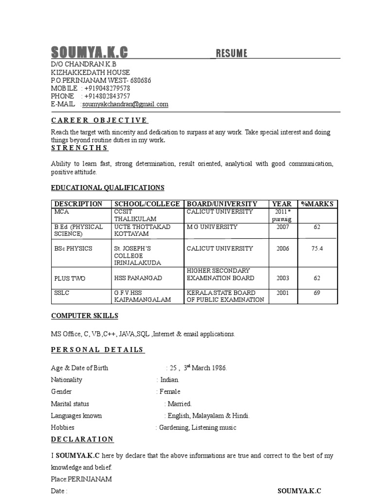 Soumya K.C. Resume and Qualifications | PDF | Career & Growth | Technology & Engineering