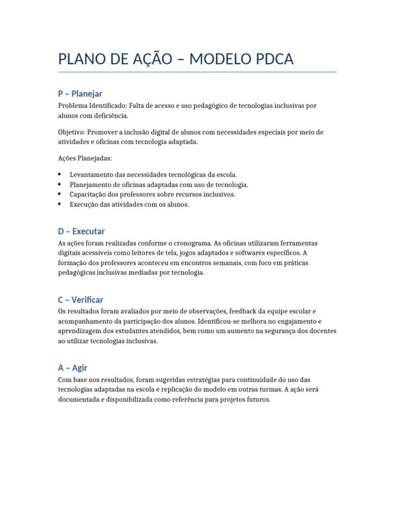 PDCA Projeto Extensao Pedagogia | PDF