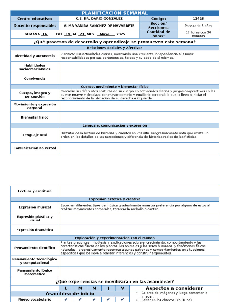 PLANIFICACIÓN SEMANAL DE 5 AÑOS SEMANA 16 y 17 | PDF | Comunicación ...