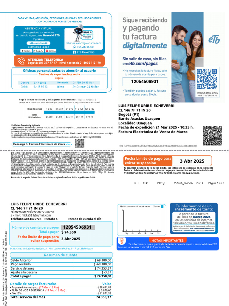 Tu Factura ETB Marzo de 2025 | PDF | Factura | Pagos