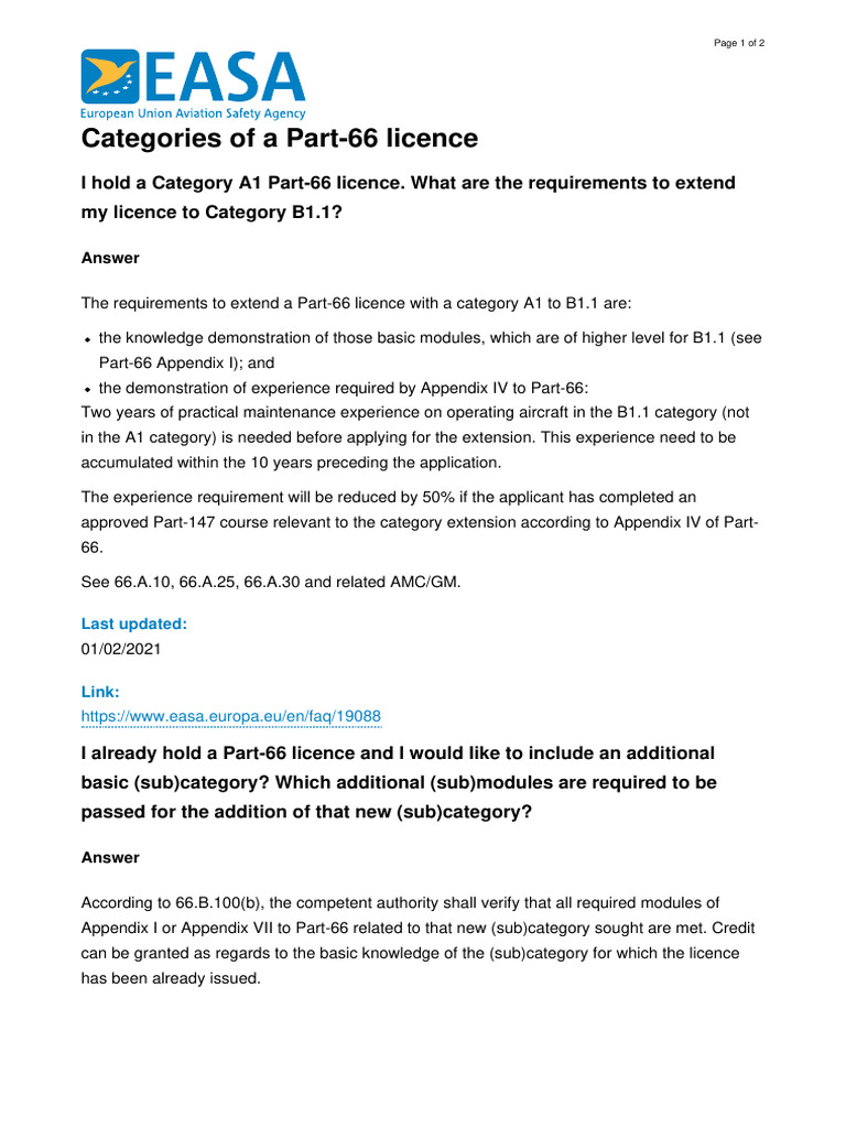 EASA - Categories of A Part66 Licence | PDF