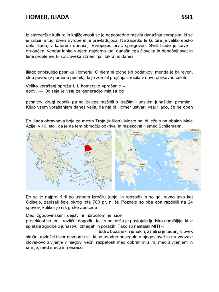 Homer Iliada Povzetek Snovi Za 1Bs 21-22 | PDF