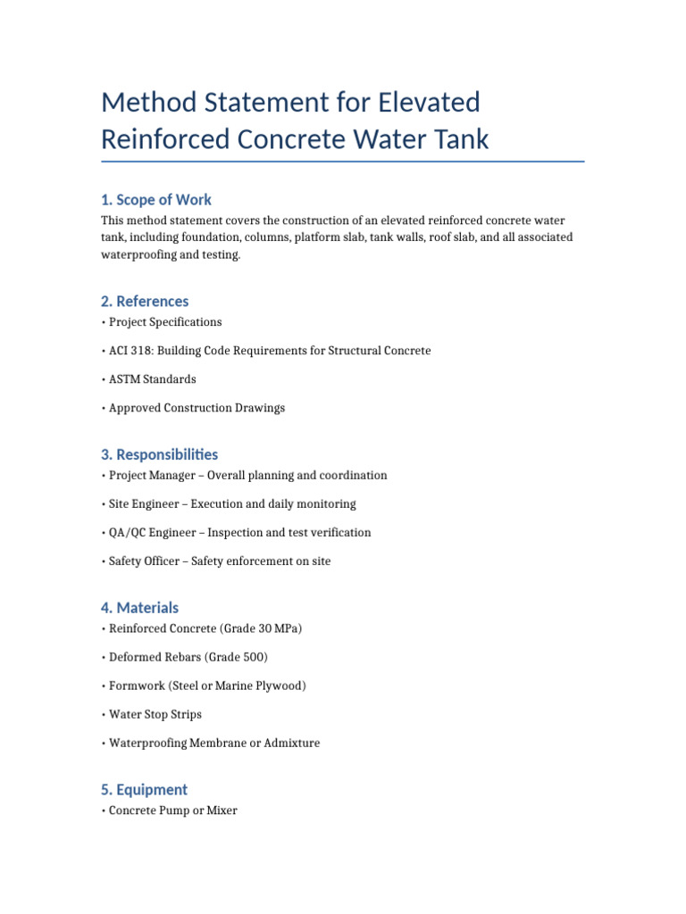 Final RC Water Tank Method Statement With Figure | PDF