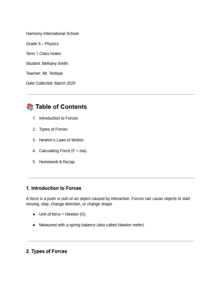 Grade 9 Physics Notes Forces Term1 2025 | PDF