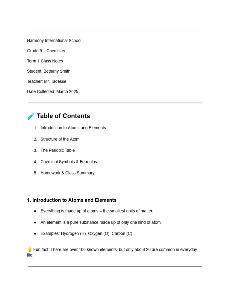 Grade 9 Chemistry Notes Atoms Term1 | PDF