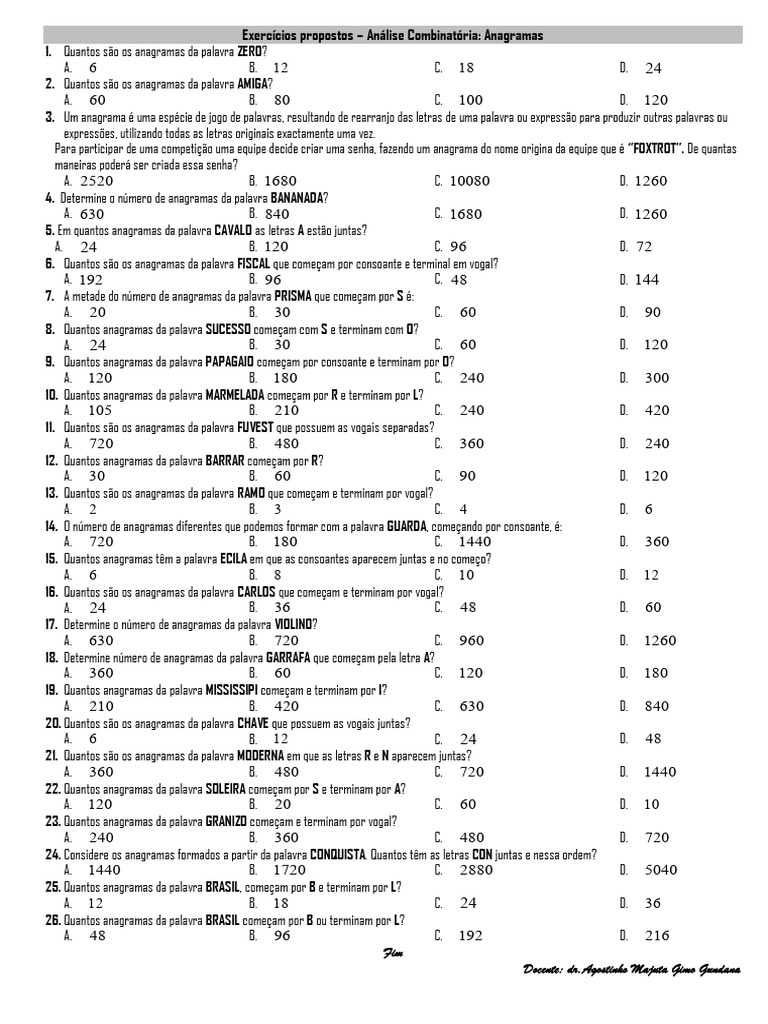 Exercícios Propostos - Anagramas 2025 | PDF