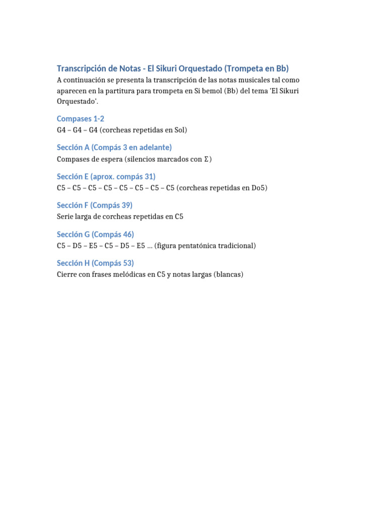 Transcripci%C3%B3n Notas El Sikuri Trompeta Bb | PDF