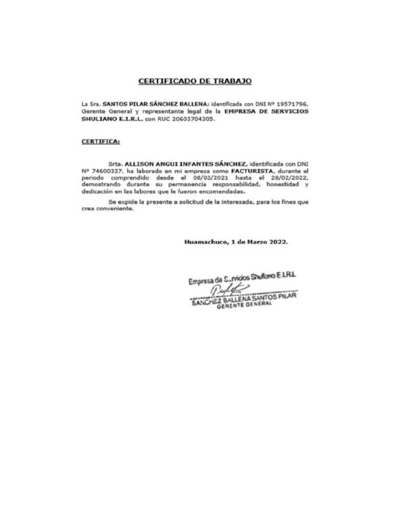 Certificado de Trabajo Allison | PDF