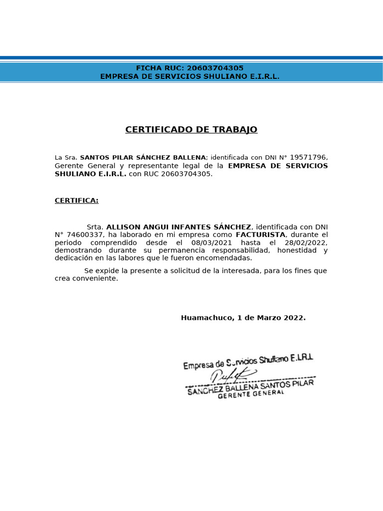 Certificado de Trabajo - Allison | PDF