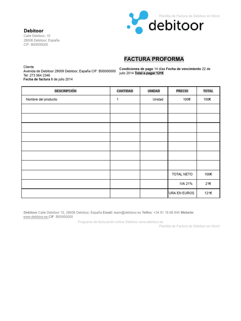 Plantilla de Factura Proforma Word Debitoor | PDF