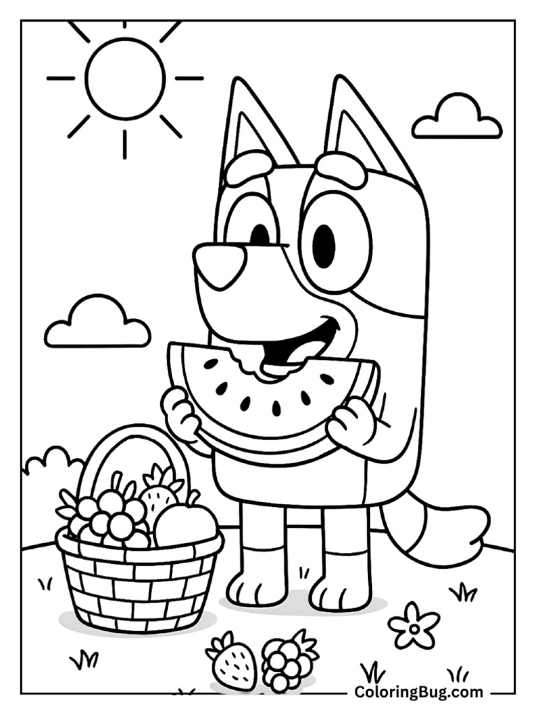 Bluey Eating Watermelon Coloring Page | PDF