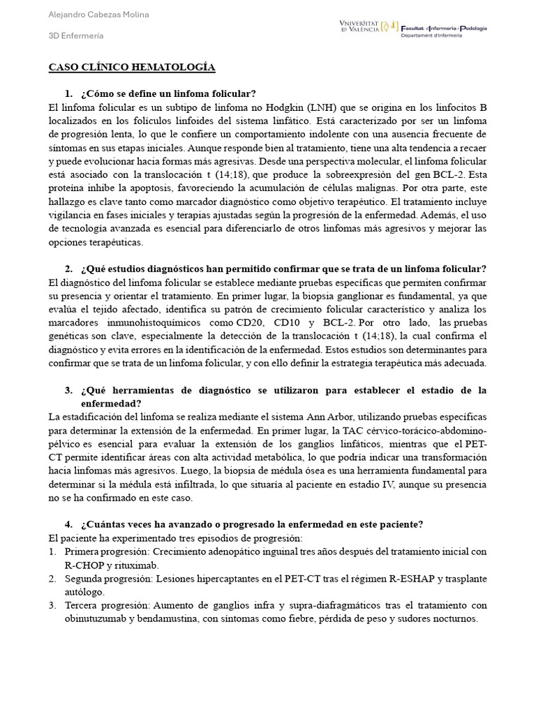 Caso Hemato Onco | PDF | Linfoma | Trasplante de células madre hematopoyéticas