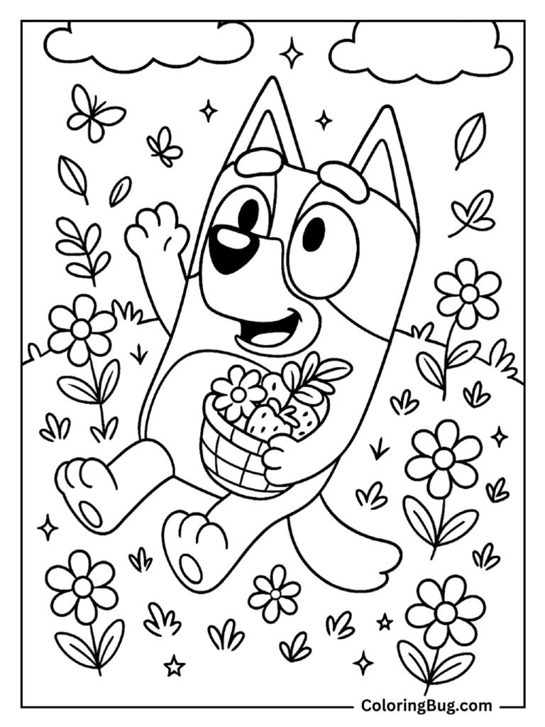 Bluey Laying in A Flower Meadow Coloring Page | PDF
