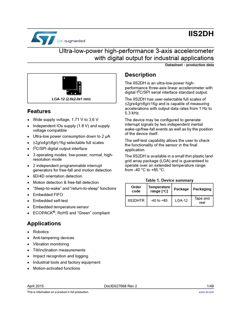 IIS2DH 3-Axis Accelerometer Datasheet | PDF | Accelerometer | Embedded ...