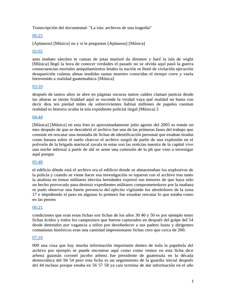 Transcripción Del Documental. La Isla, Archivos de Una Tragedia | PDF | Guatemala | Policía