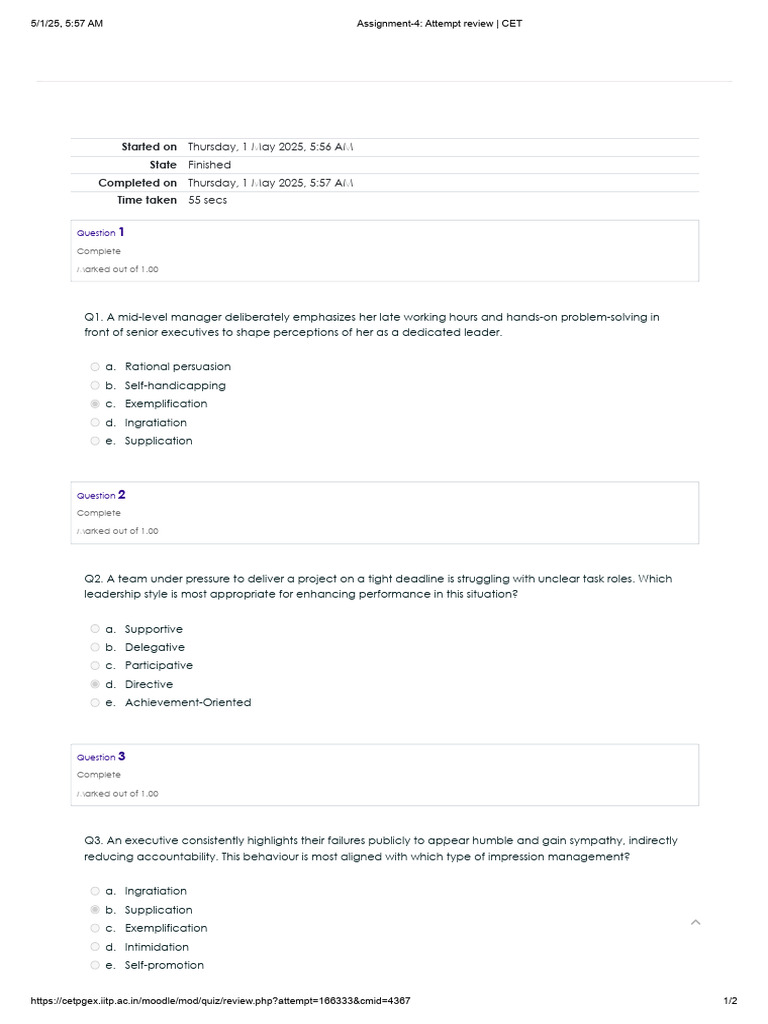 Organizational Behavior - Assignment-4 - Attempt Review - CET | PDF | Applied Psychology | Business