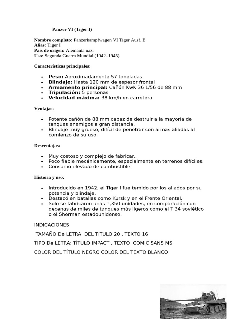 Panzer VI Tiger I: Características y Uso | PDF